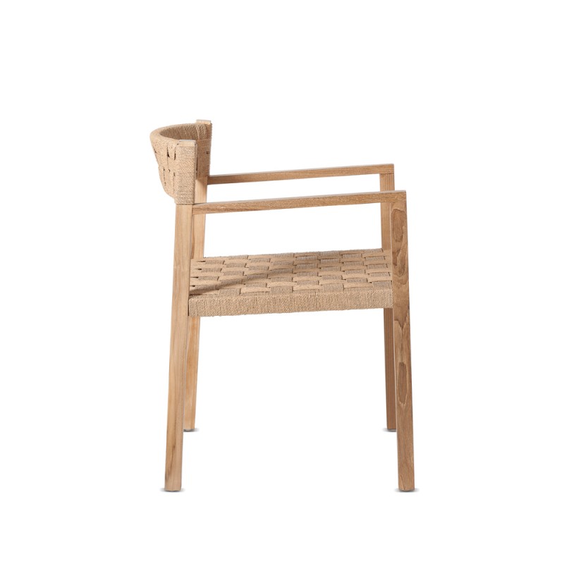 CORA Dining Chair in Reclaimed Teak with Armrests and Natural Rope